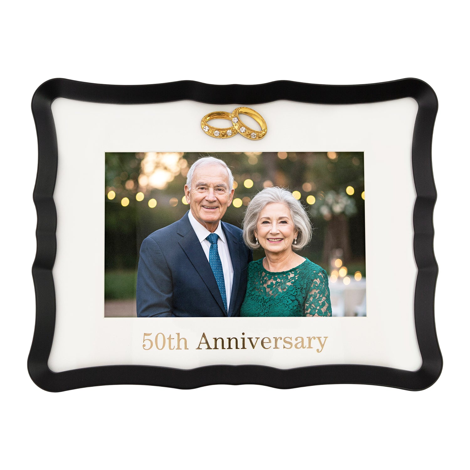50th Anniversary Landscape 4x6 Frame with Gold Text and Gold Rings