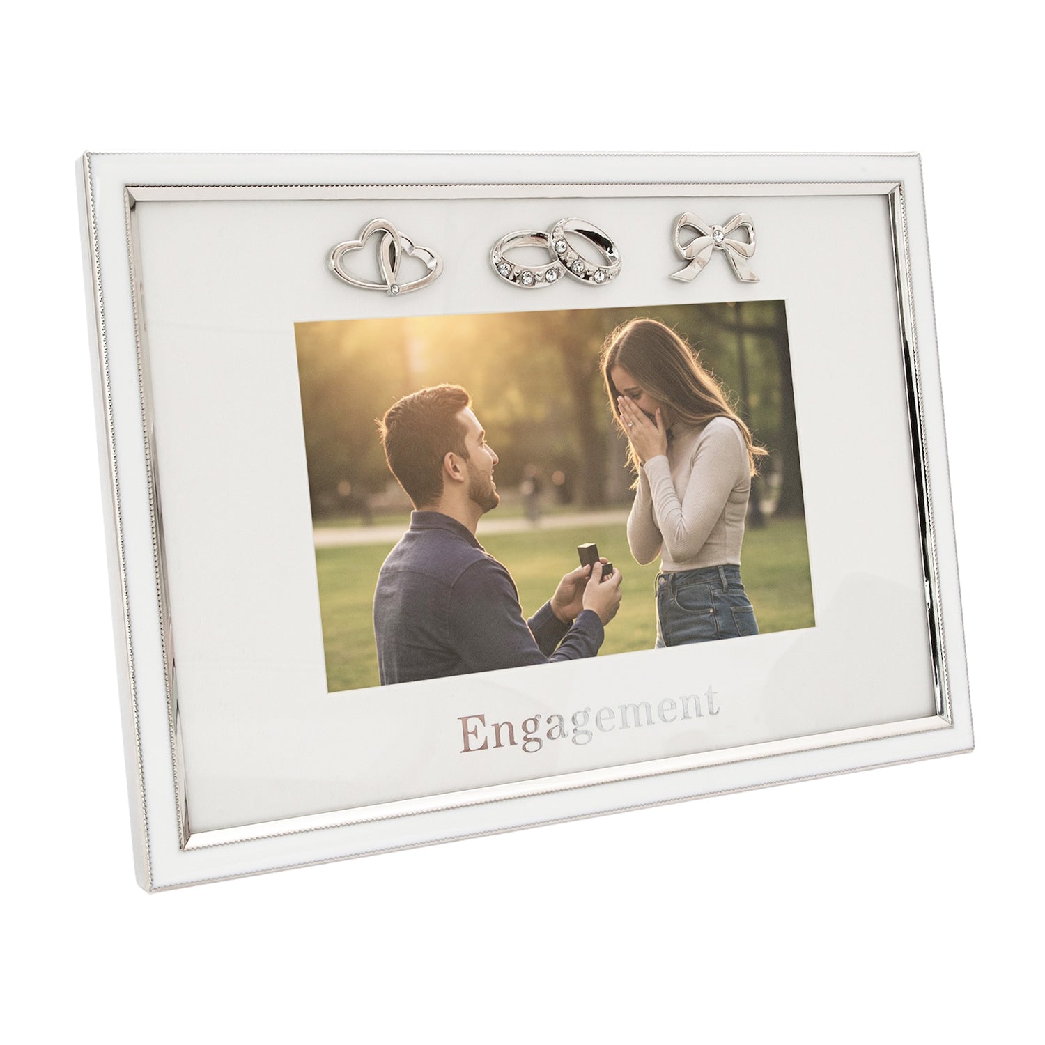 Modern Engagement 4x6 Photo Frame in Nickel Plating with Double Rings