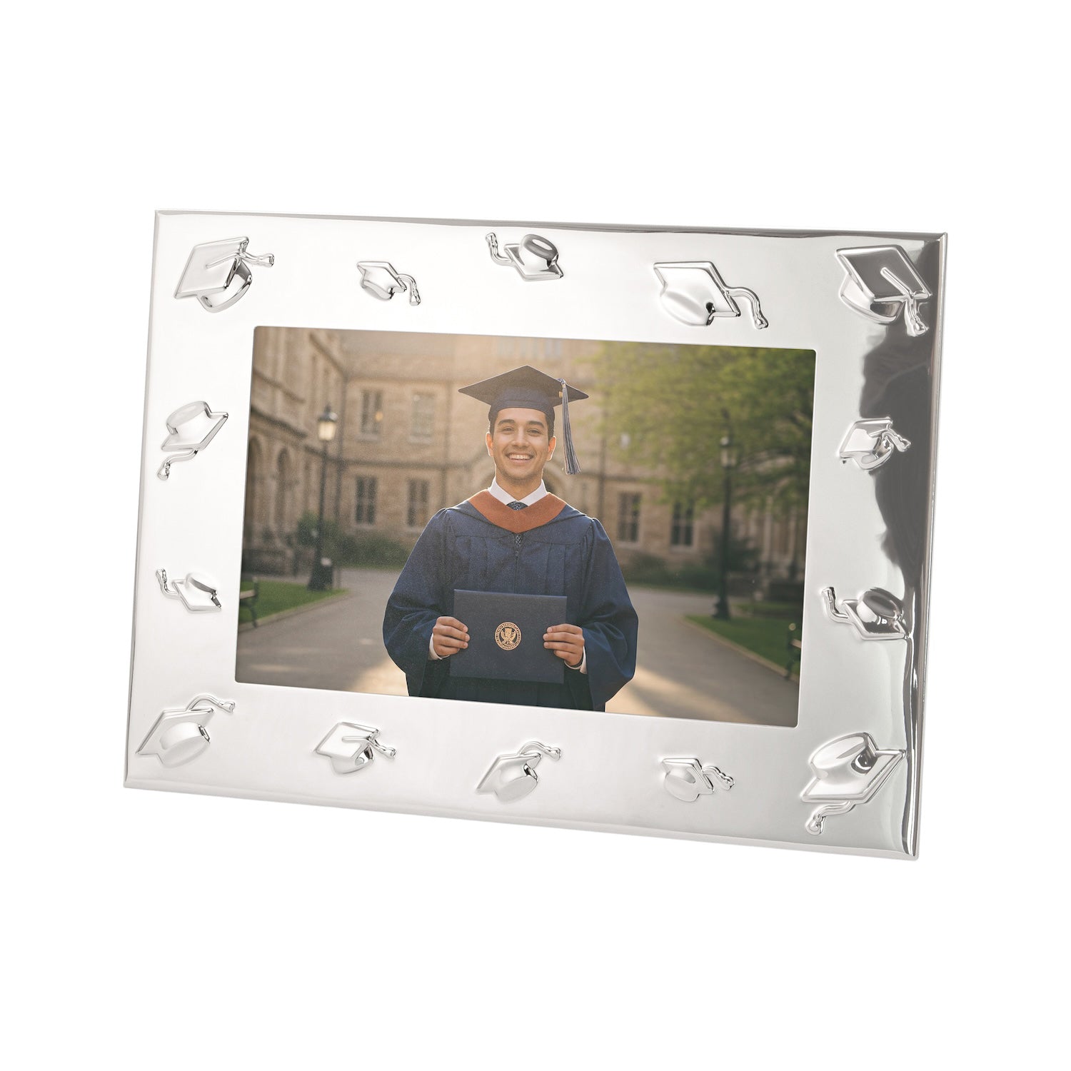 Graduation Metal 4x6 Picture Frame in Nickel Plated with 3D Hat Icons